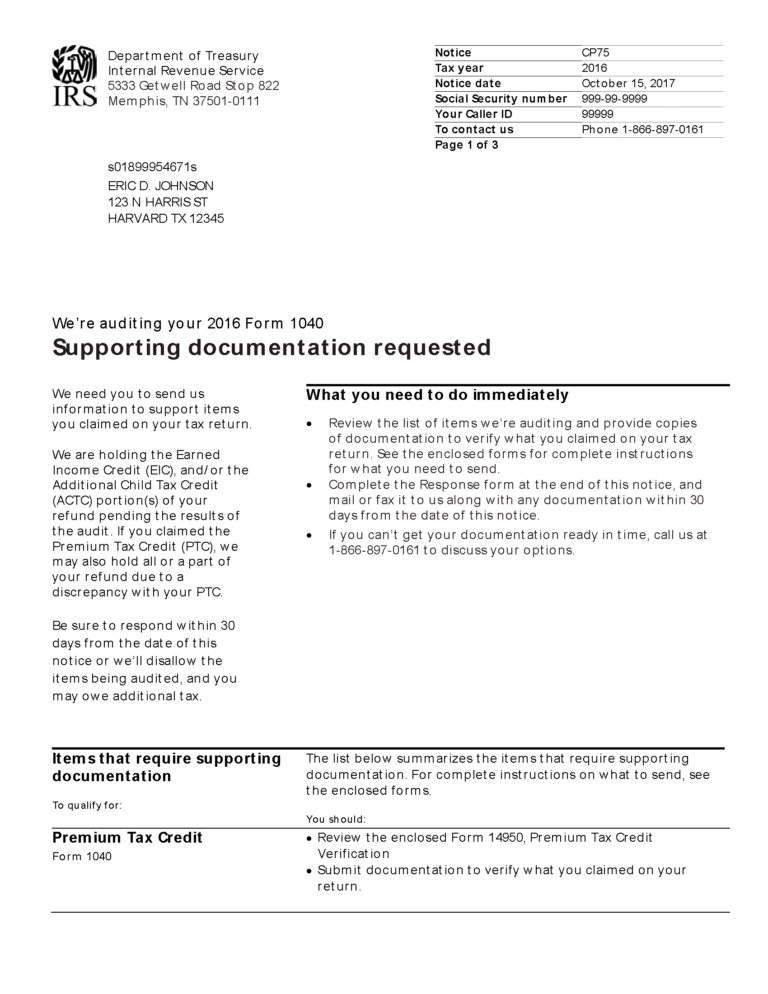 IRS Notice CP75 - Exam Initial Contact Letter - EIC Entire Refund ...