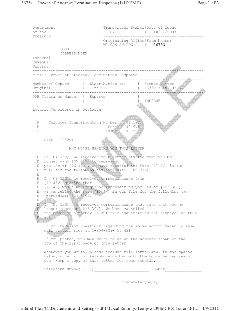 IRS Letter 2675C - Power of Attorney Termination | H&R Block