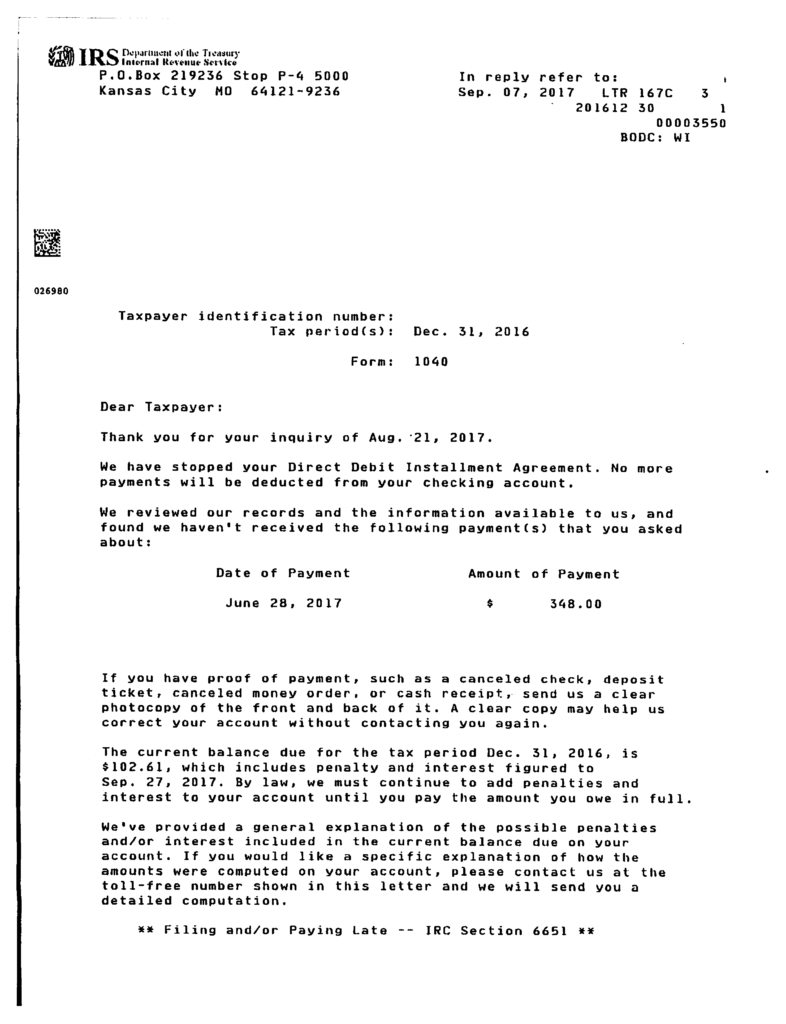 IRS Letter 167C - Payment Missing; Copy of Check Requested | H&R Block