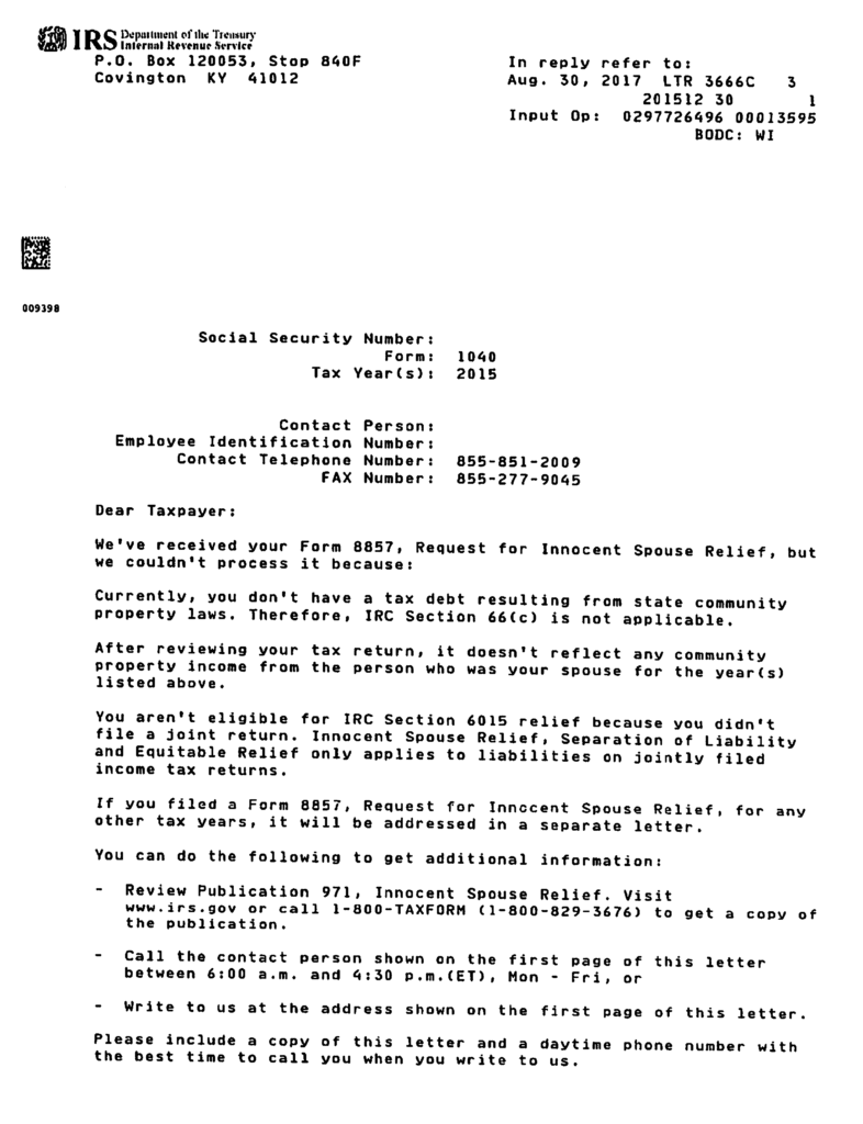 IRS Letter 3666C - Unprocessable/Transferred Claim Letter | H&R Block